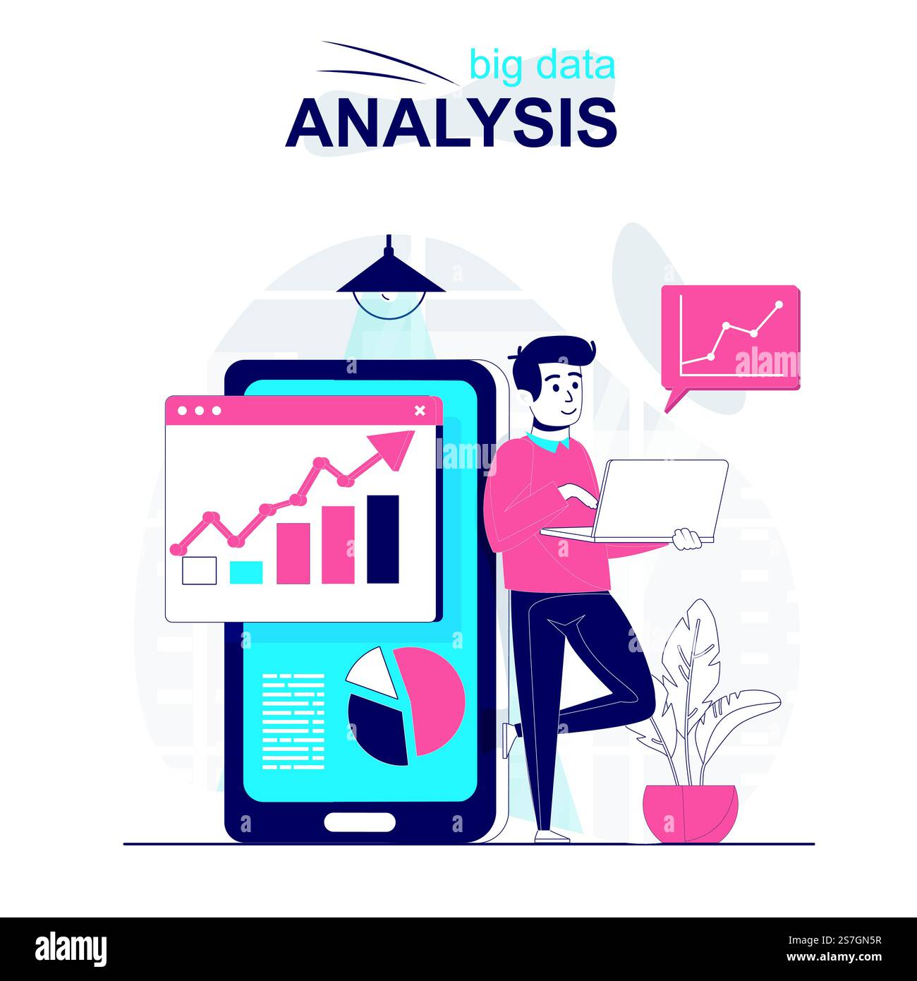 Big data analysis isolated cartoon concept. Man analyzes charts in ...