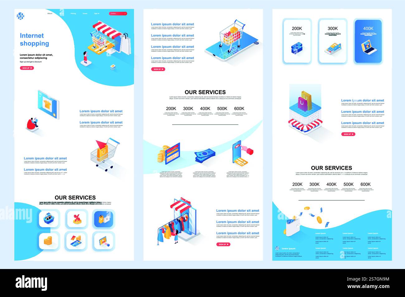 Internet shopping isometric landing page. Online marketplace, e ...
