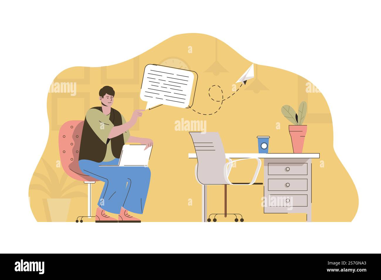 Instant message concept. Man writes text and sends his letter situation ...