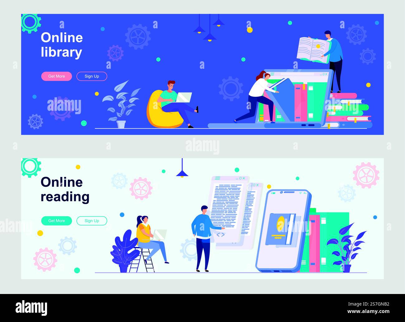 Online library landing page with people characters. E-library mobile ...