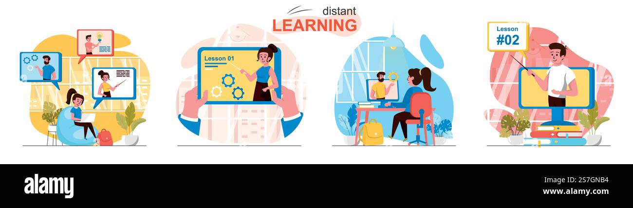 Distant learning concept scenes set. Pupils and students watch lessons ...