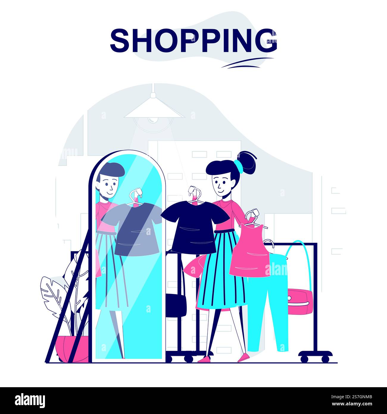 Shopping isolated cartoon concept. Woman buyer trying on clothes in ...