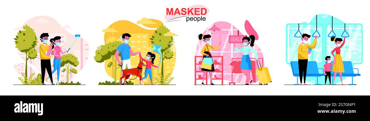 Masked people concept scenes set. Men and women in protective masks ...