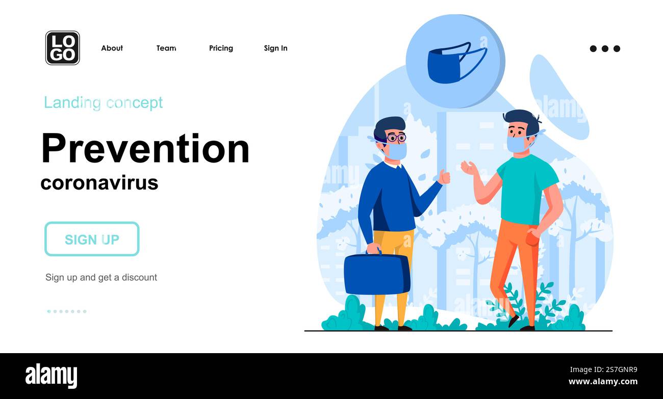 Prevention coronavirus web concept. Men wear medical masks in public ...