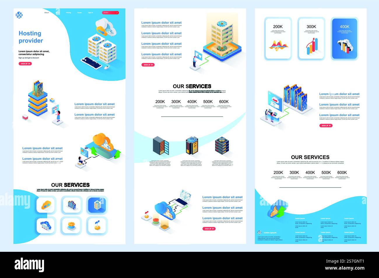 Hosting provider isometric landing page. Database support, cloud data center corporate website ...
