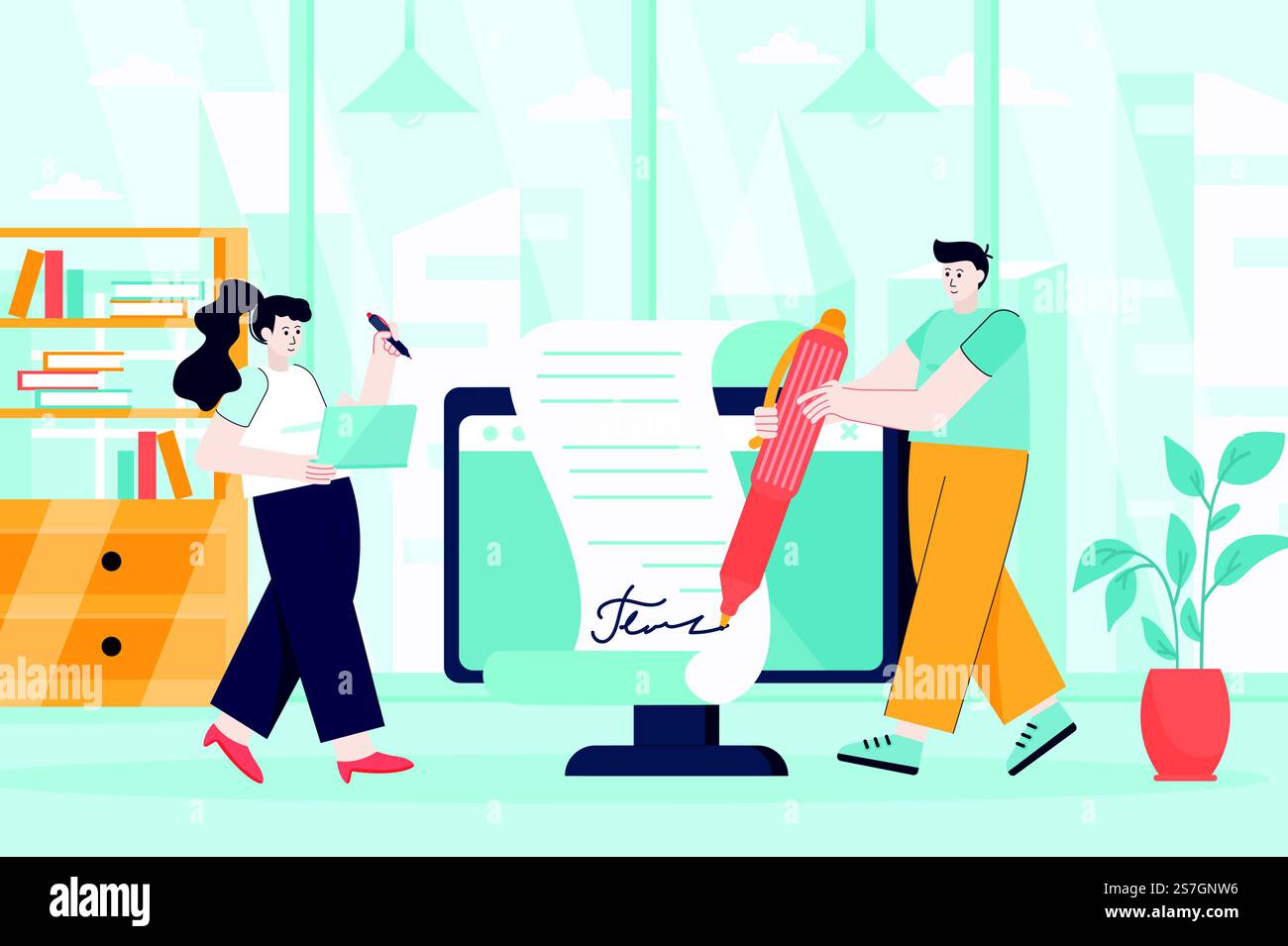 Electronic contract concept in flat design. Concluding deal, signing ...