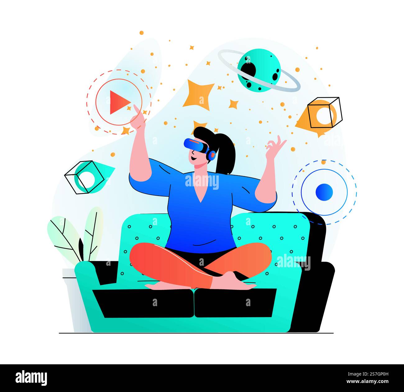 Cyberspace concept in modern flat design. Woman learning and touching ...