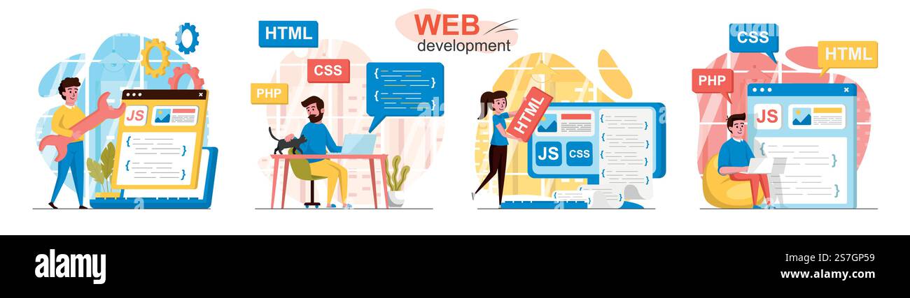 Web development concept scenes set. Developers code in different programming languages, create ...