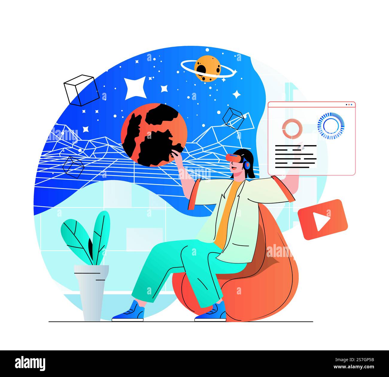 Cyberspace concept in modern flat design. Woman explores galaxy and ...
