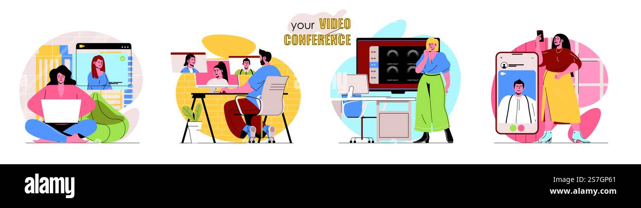 Video conference concept scenes set. Men and women make video calls ...
