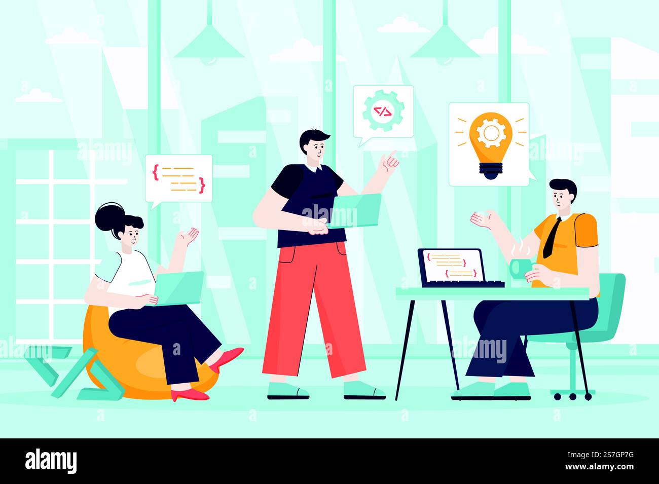 Developers team concept in flat design. Teamwork at office scene. Man and woman coding ...