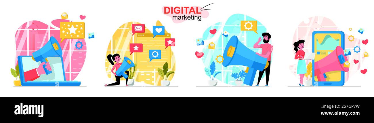 Digital marketing concept scenes set. Marketers with loudspeaker ...