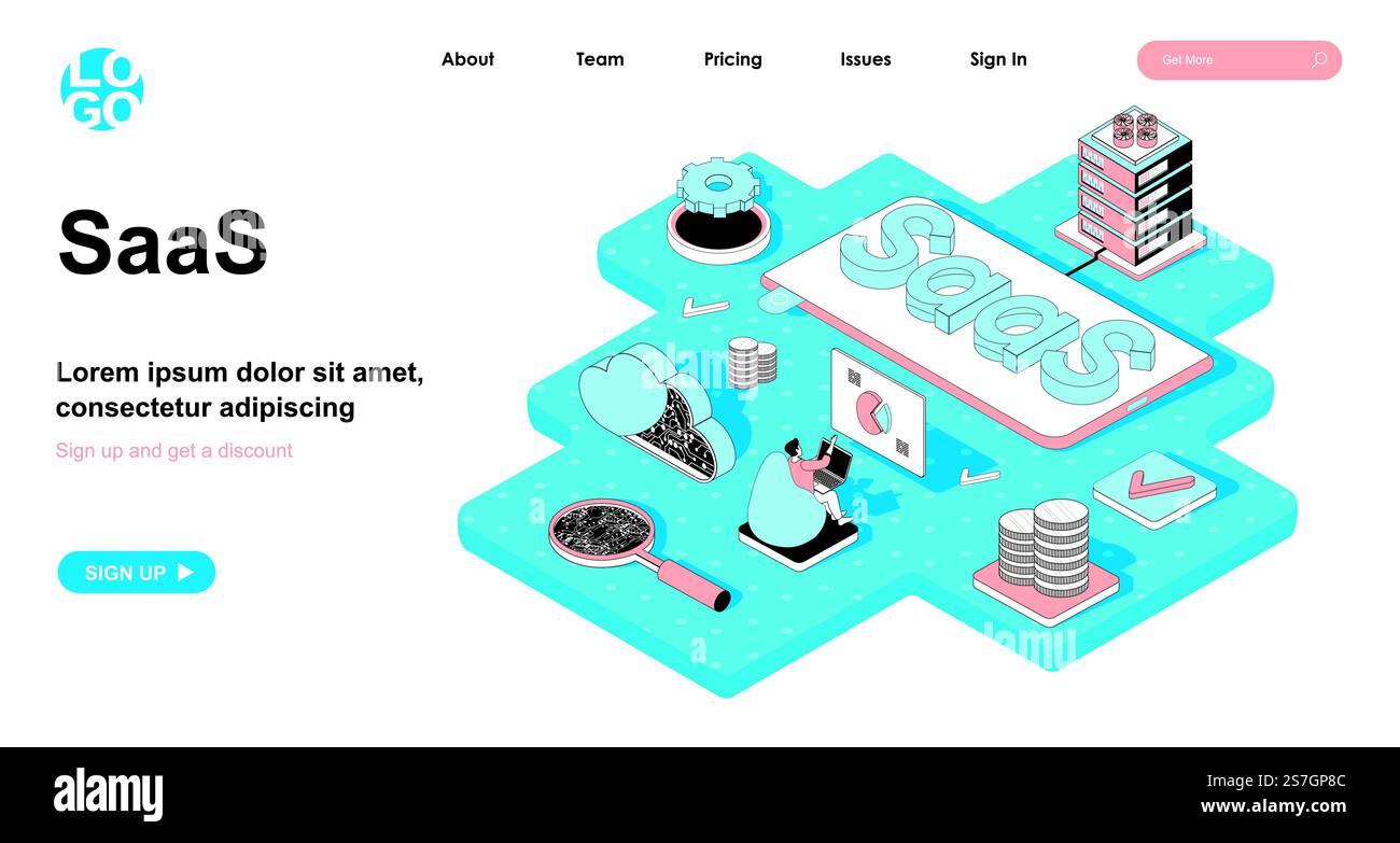 SaaS isometric concept. Distribution of software by subscription, service for purchasing ...