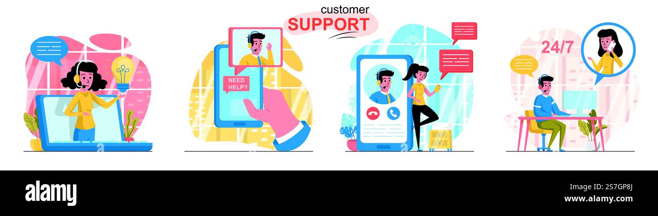 Customer support concept scenes set. Hotline operators advising clients, online help center ...