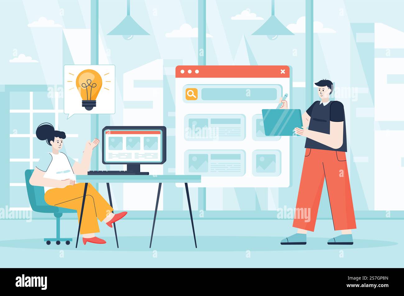 Designers concept in flat design. Employees working at office scene. Man and woman creating new ...