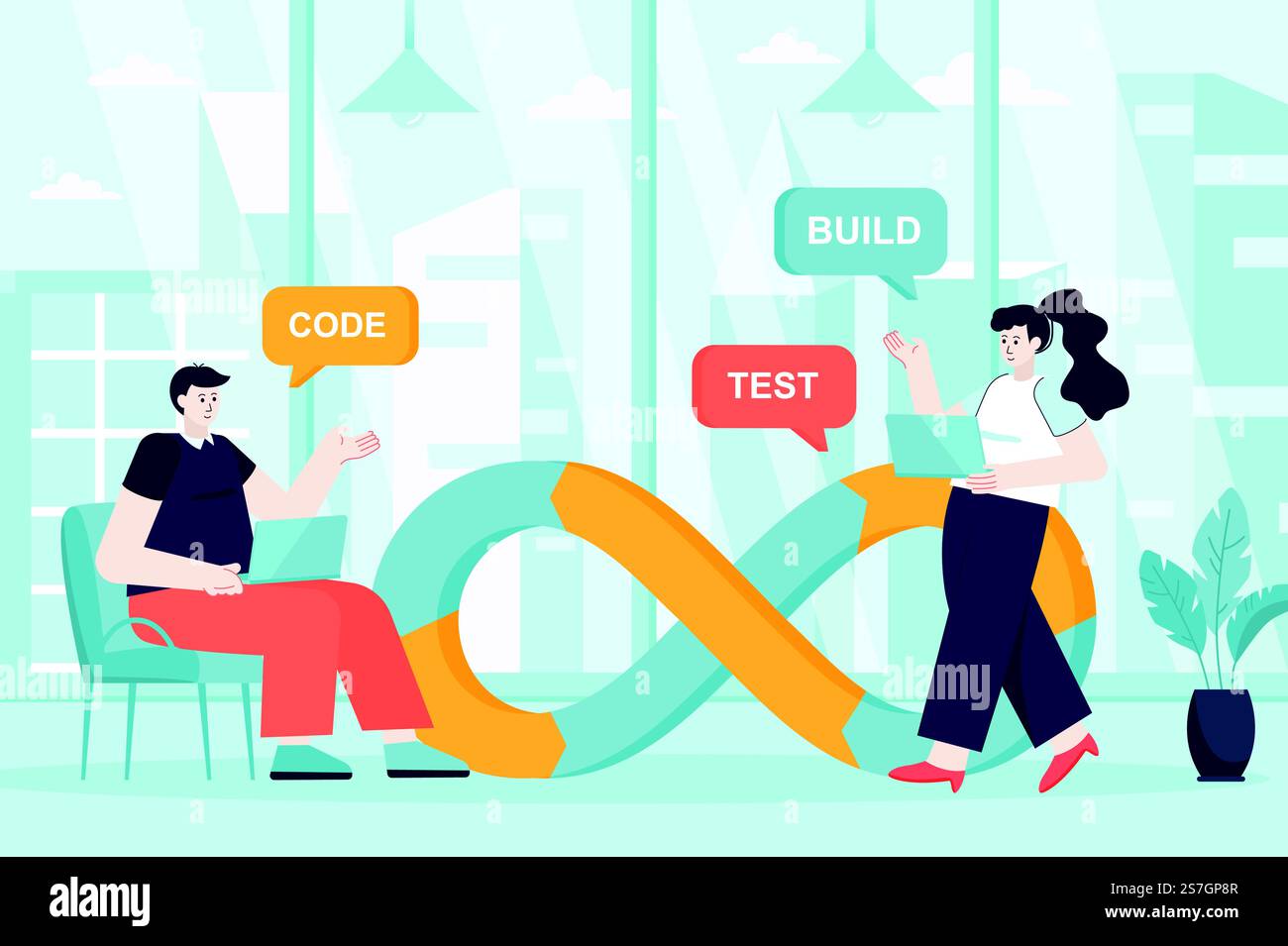 Devops Concept In Flat Design Teamwork And Communication In Office Scene Developer And