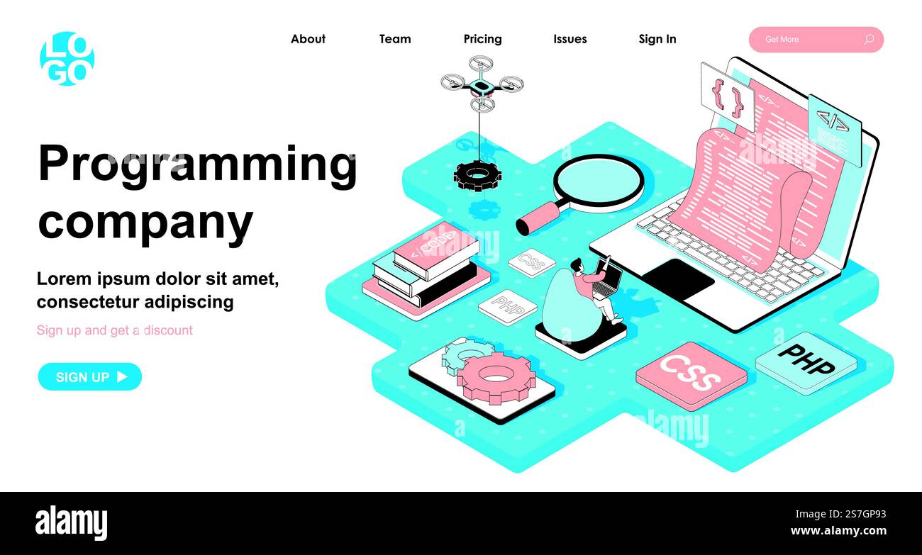 Programming Company Isometric Concept Programmer Writes Code Develops And Configures Programs