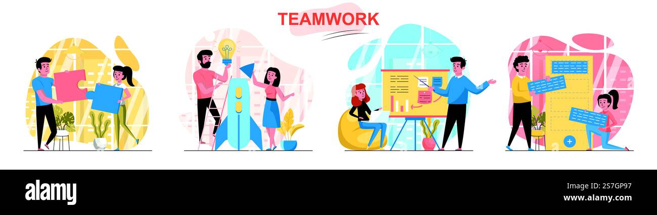 Teamwork concept scenes set. Employees work on project together, launch ...