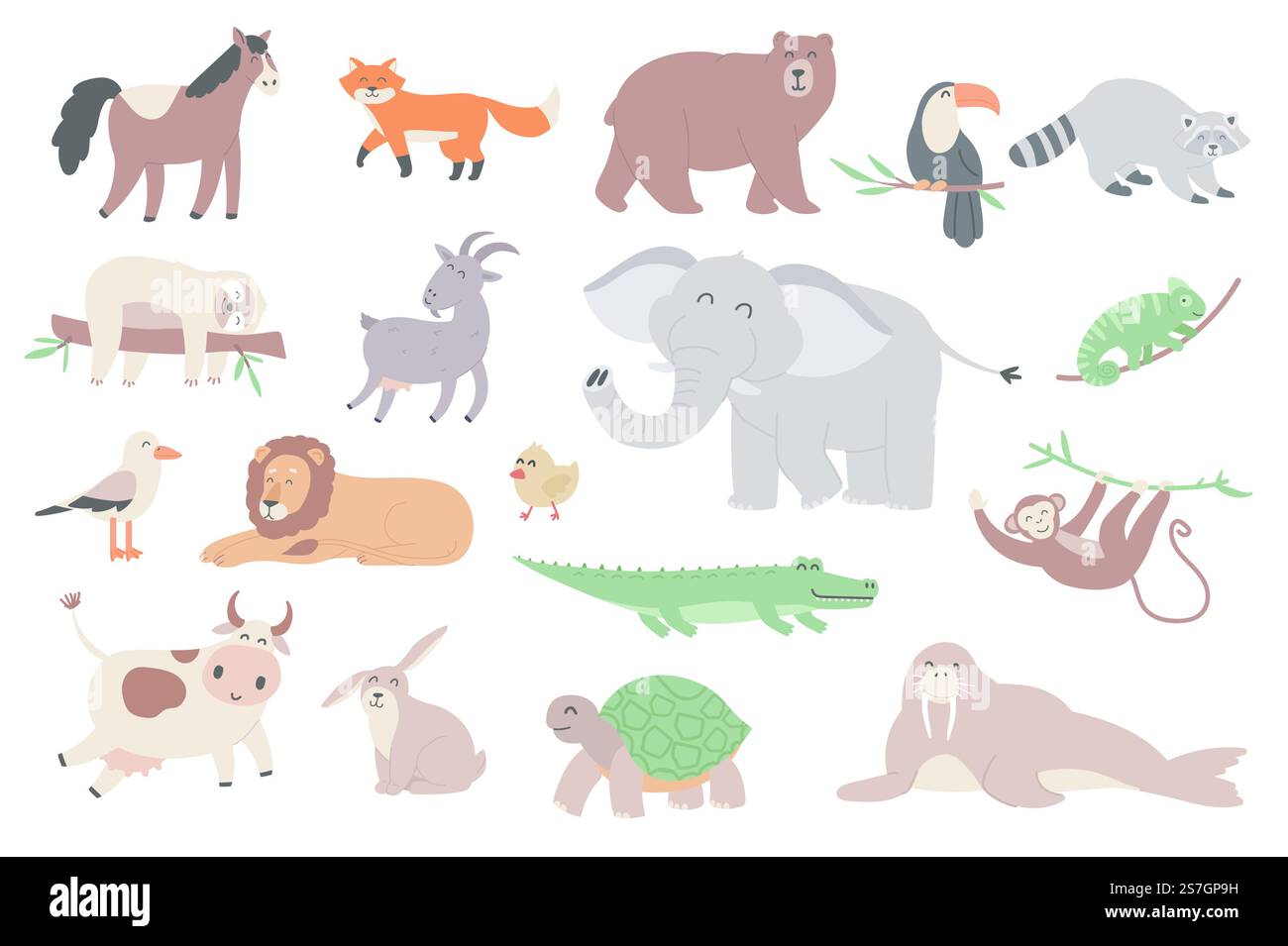 Cute animal isolated objects set. Collection of horse, fox, bear ...