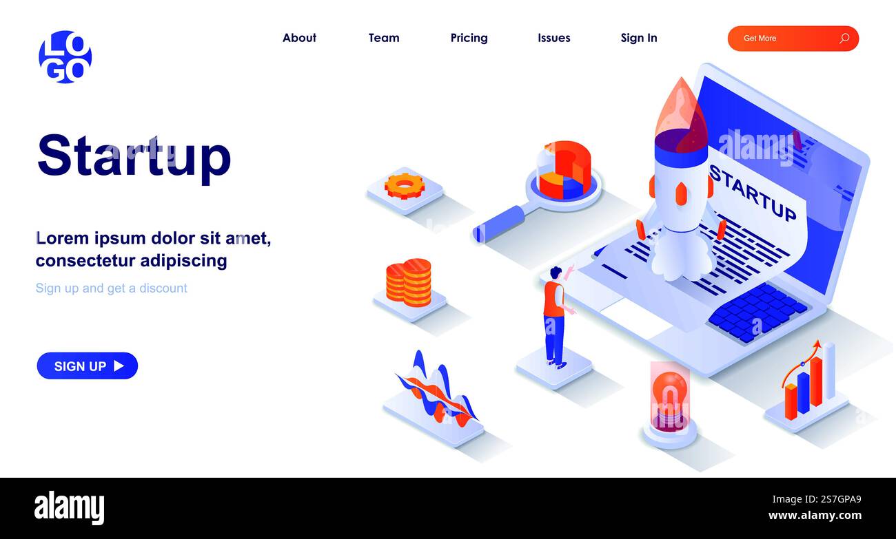 Startup isometric landing page. Launching new business project isometry concept. Development ...