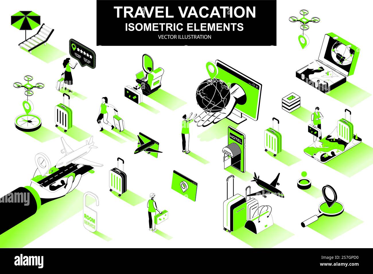 Travel vacation bundle of isometric elements. Flight booking, airplane ...