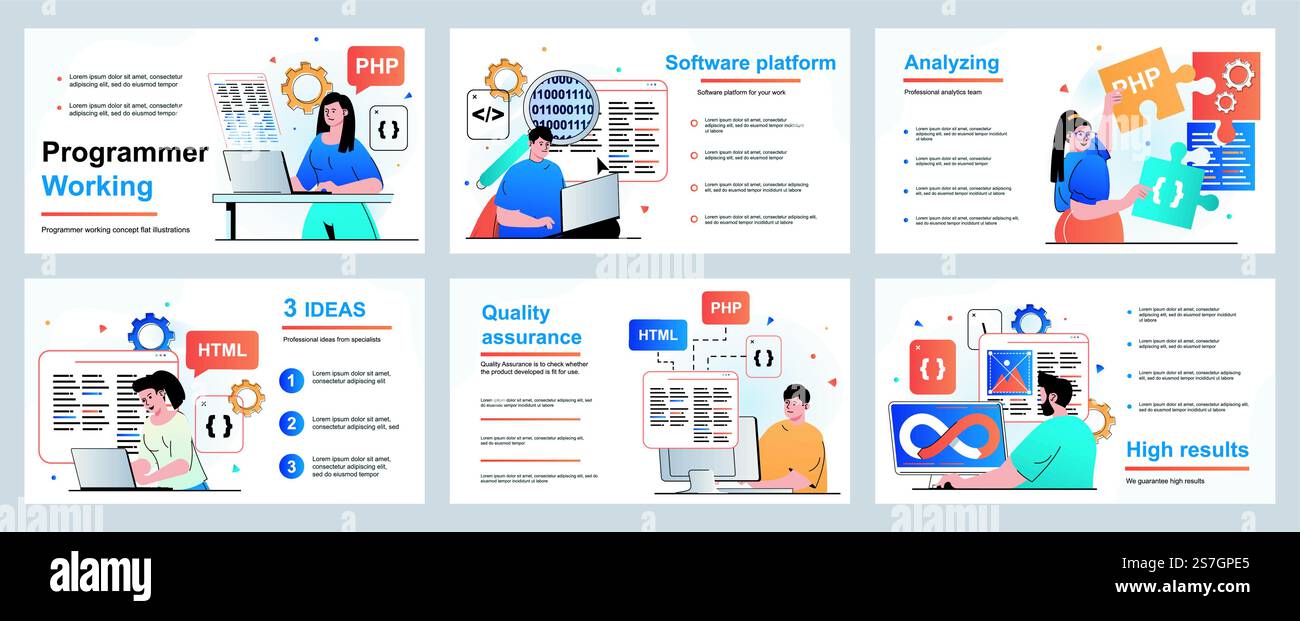 Programmer working concept for presentation slide template. Developers program in different ...