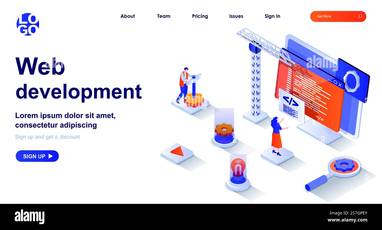Web development isometric landing page. Development of interface site code isometry concept ...
