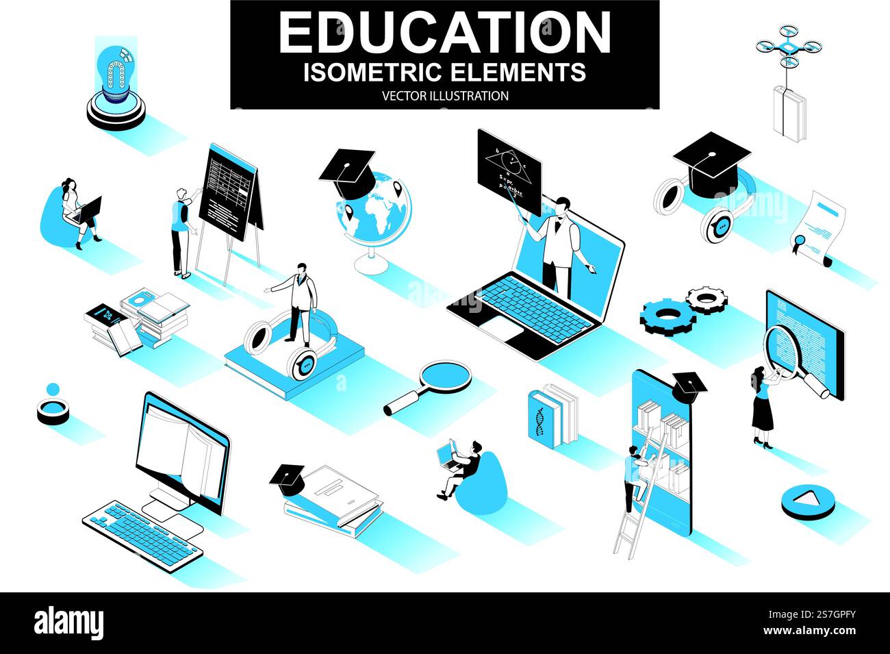 Education bundle of isometric elements. Academic cap, online library ...