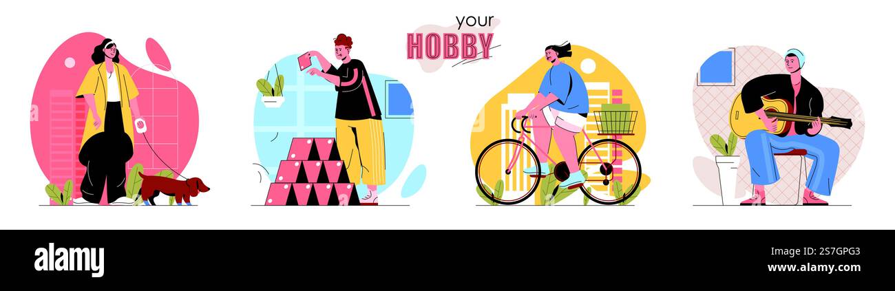 Hobby concept scenes set. Women walking dog or ride bike. Men building house of cards or learn ...