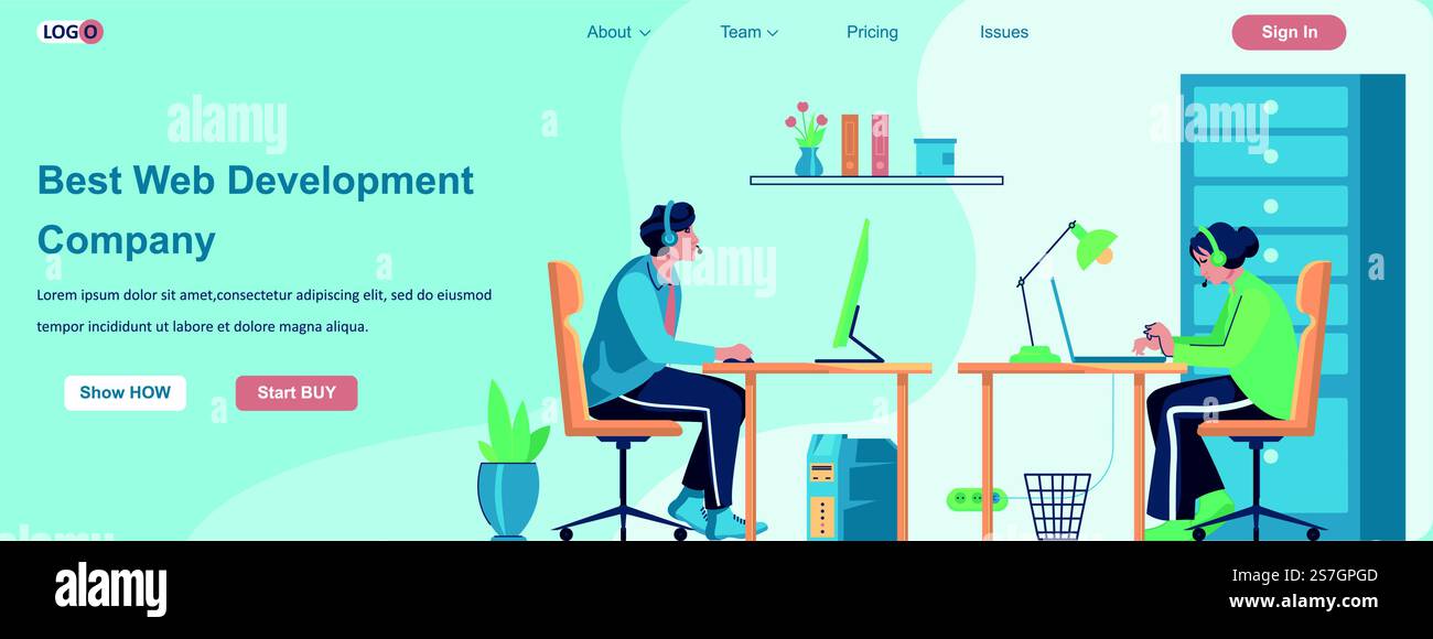 Best Web Development Company banner concept. Developers team working on project, programists ...