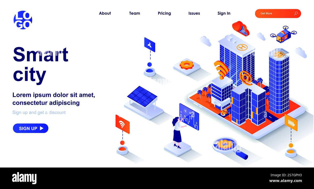 Smart city isometric landing page. Futuristic cityscape with modern ...