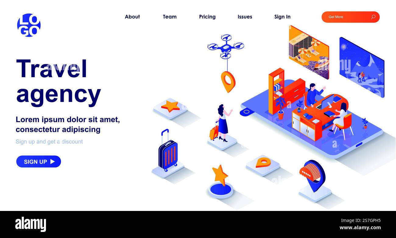Travel agency isometric landing page. Operator helps client to choose ...