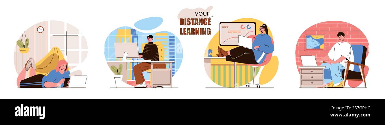 Distance learning concept scenes set. Students studying on laptops ...