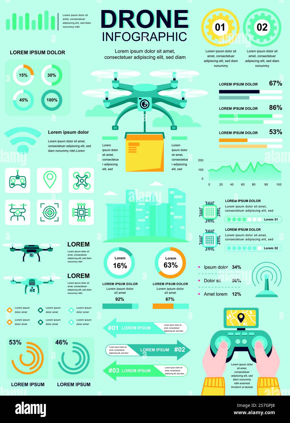 Drone delivery banner with infographic elements. Poster template with ...