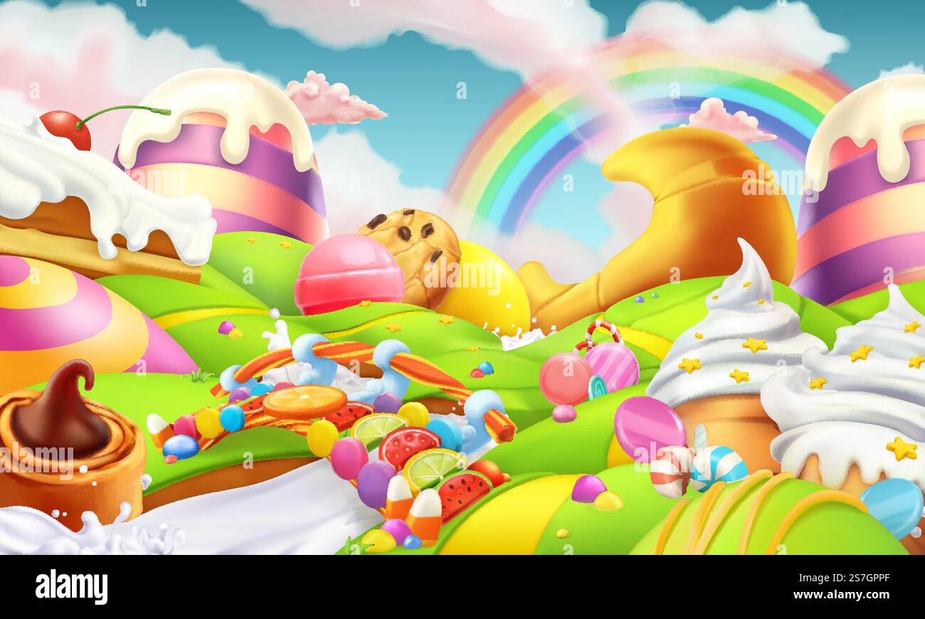 Sweet landscape. Candy land. Candies and milk river 3d vector ...