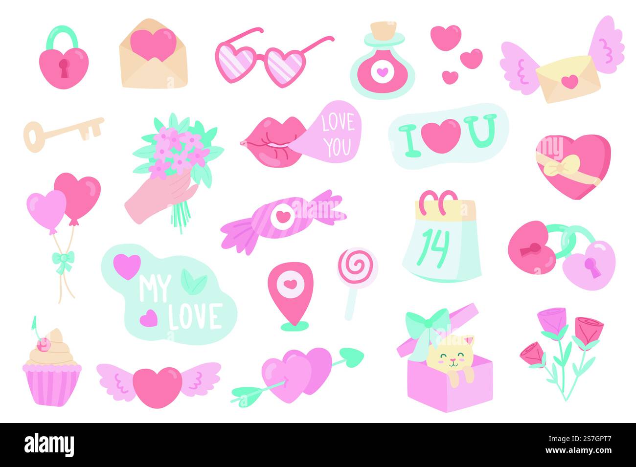 Valentines Day isolated objects set. Collection of heart lock, key ...
