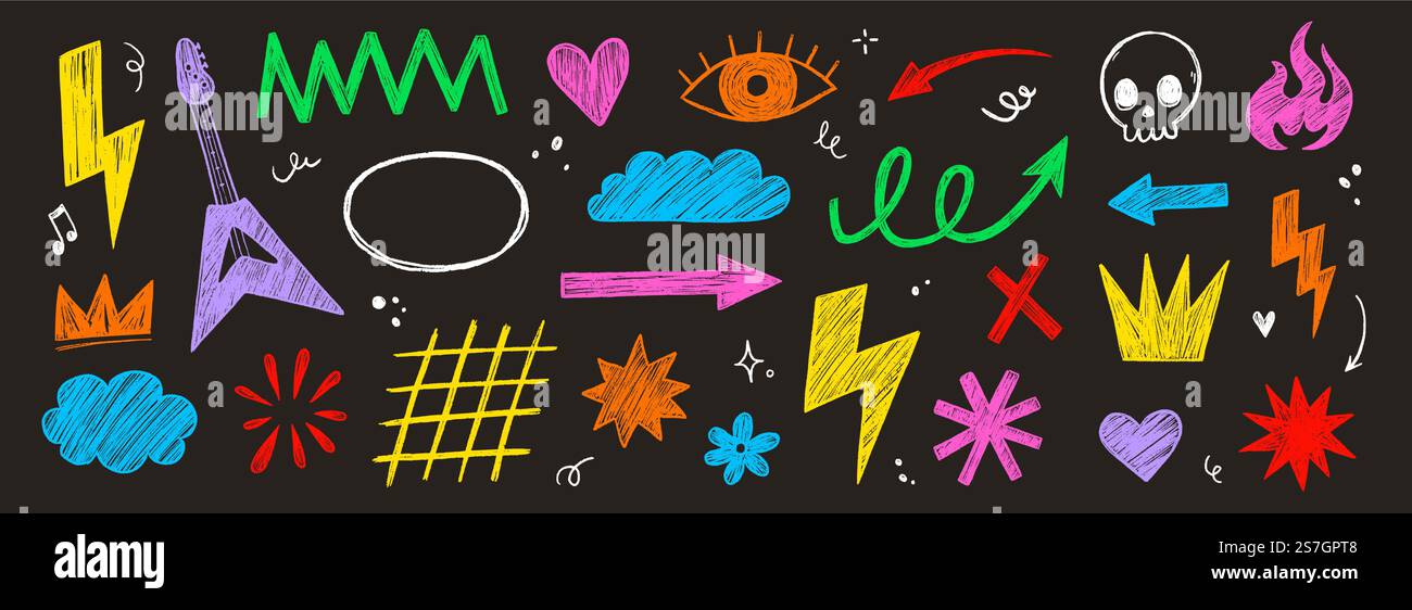 Hand drawn rock punk music star grunge tattoo doodle icon element set ...