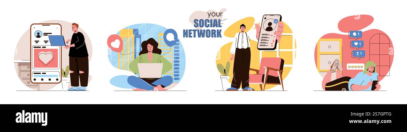 Social network concept scenes set. Men and women have online profiles ...