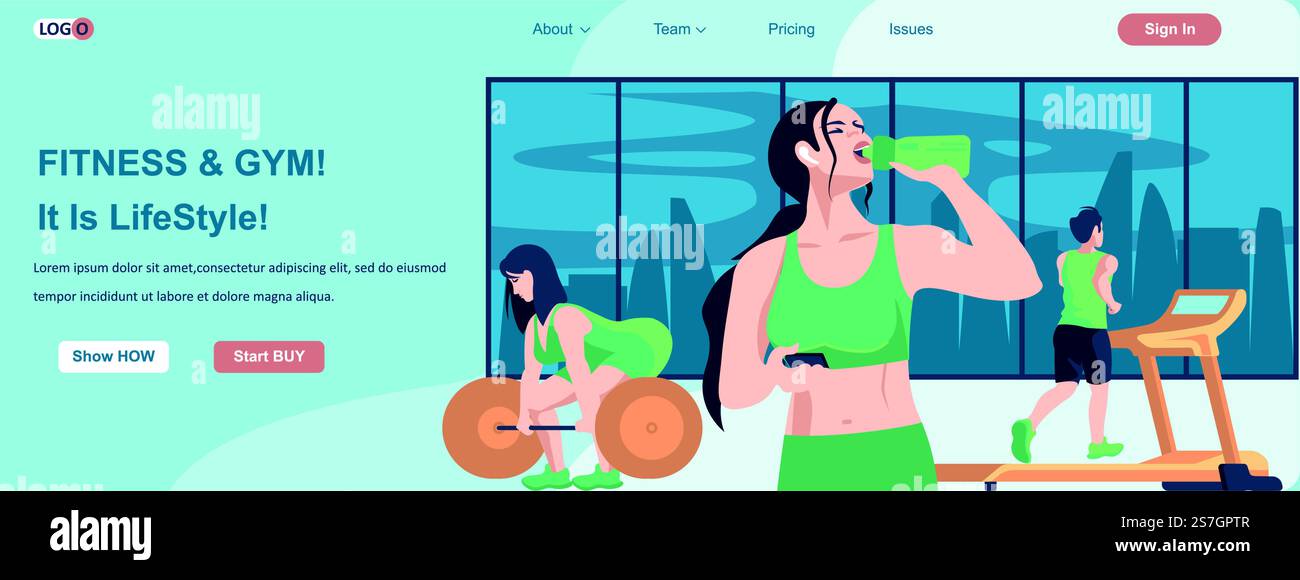 Fitness and Gym Is It Lifestyles web banner concept. Women doing ...