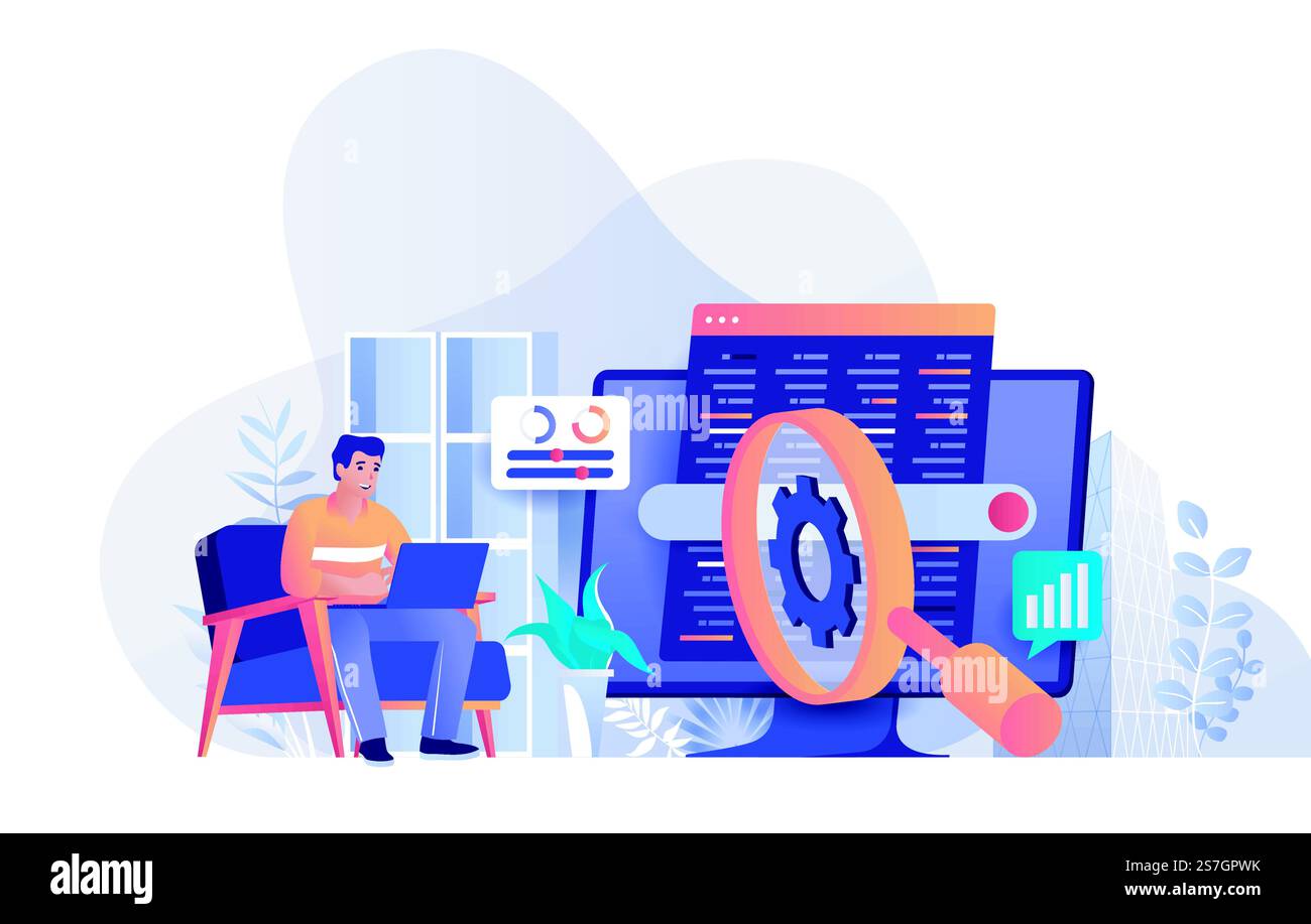Seo optimization concept in flat design. Setting up search engine scene template. Man works on ...