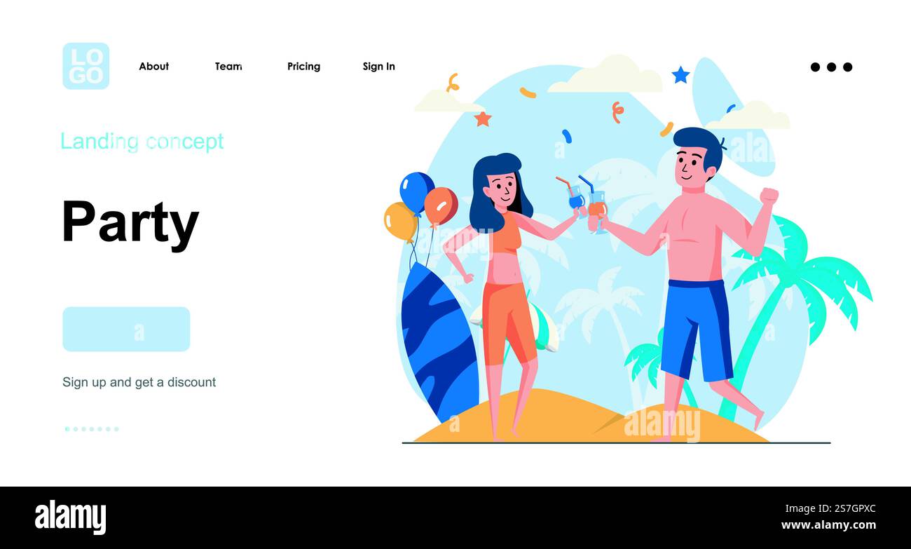 Party web concept. Couple having fun at beach party, celebrating ...