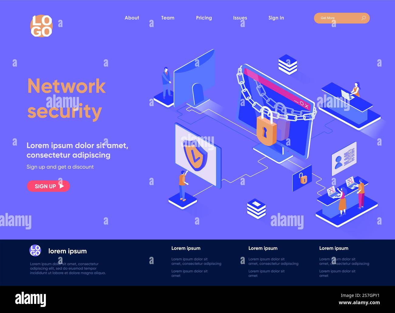 Network security isometric landing page. Firewall software, password identification and privacy ...