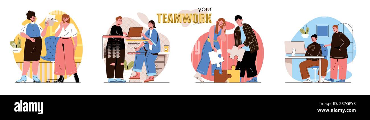 Teamwork concept scenes set employees work together in office hi-res ...