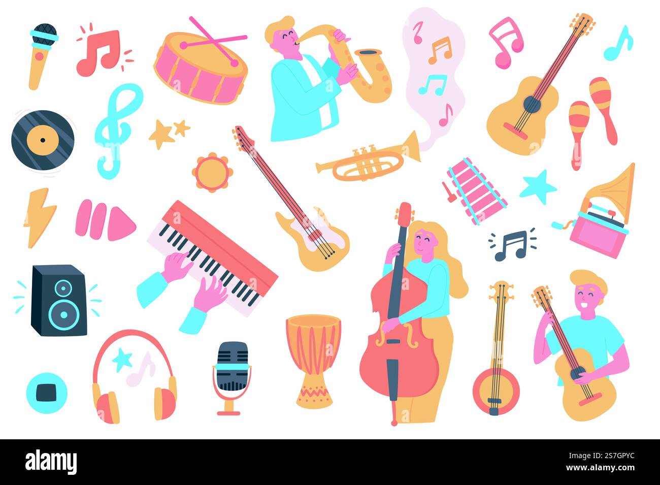 Music festival isolated objects set. Collection of musicians play ...