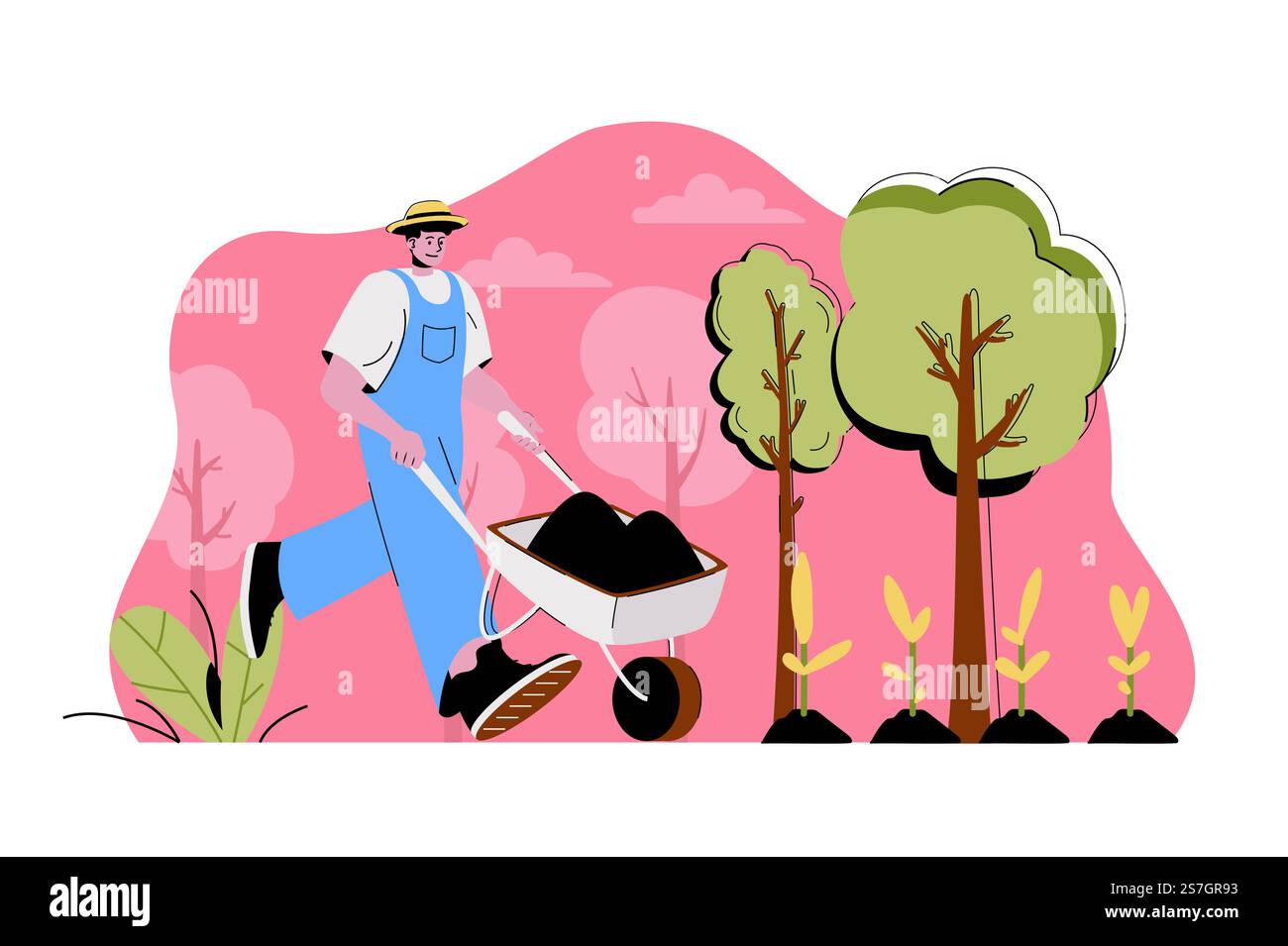 Agrarian concept. Farmer with wheelbarrow works on farm, planting ...
