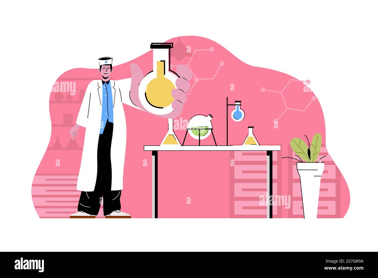 Medical research concept. Laboratory assistant conducts tests in flasks ...