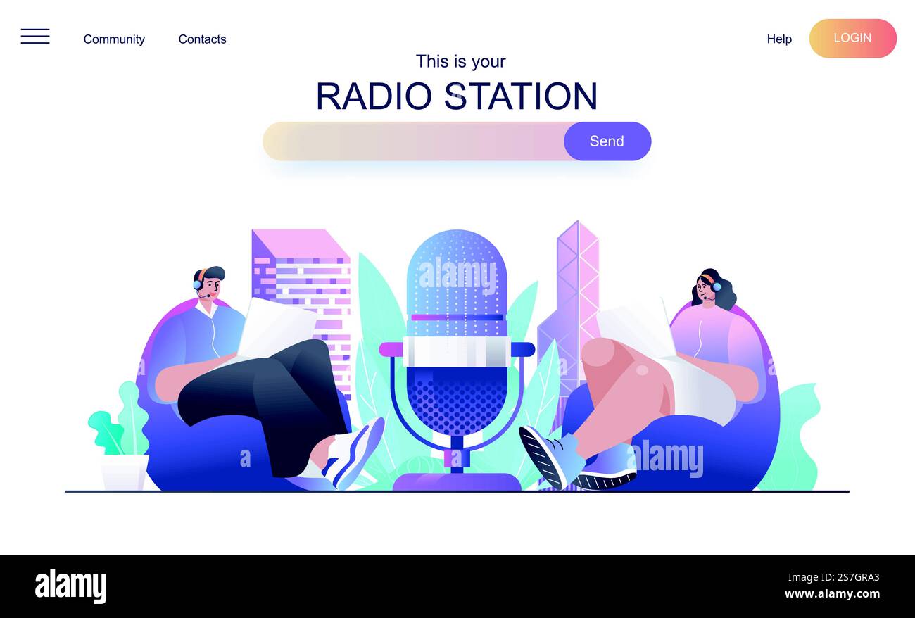 Radio station web concept for landing page. Presenters on radio program ...