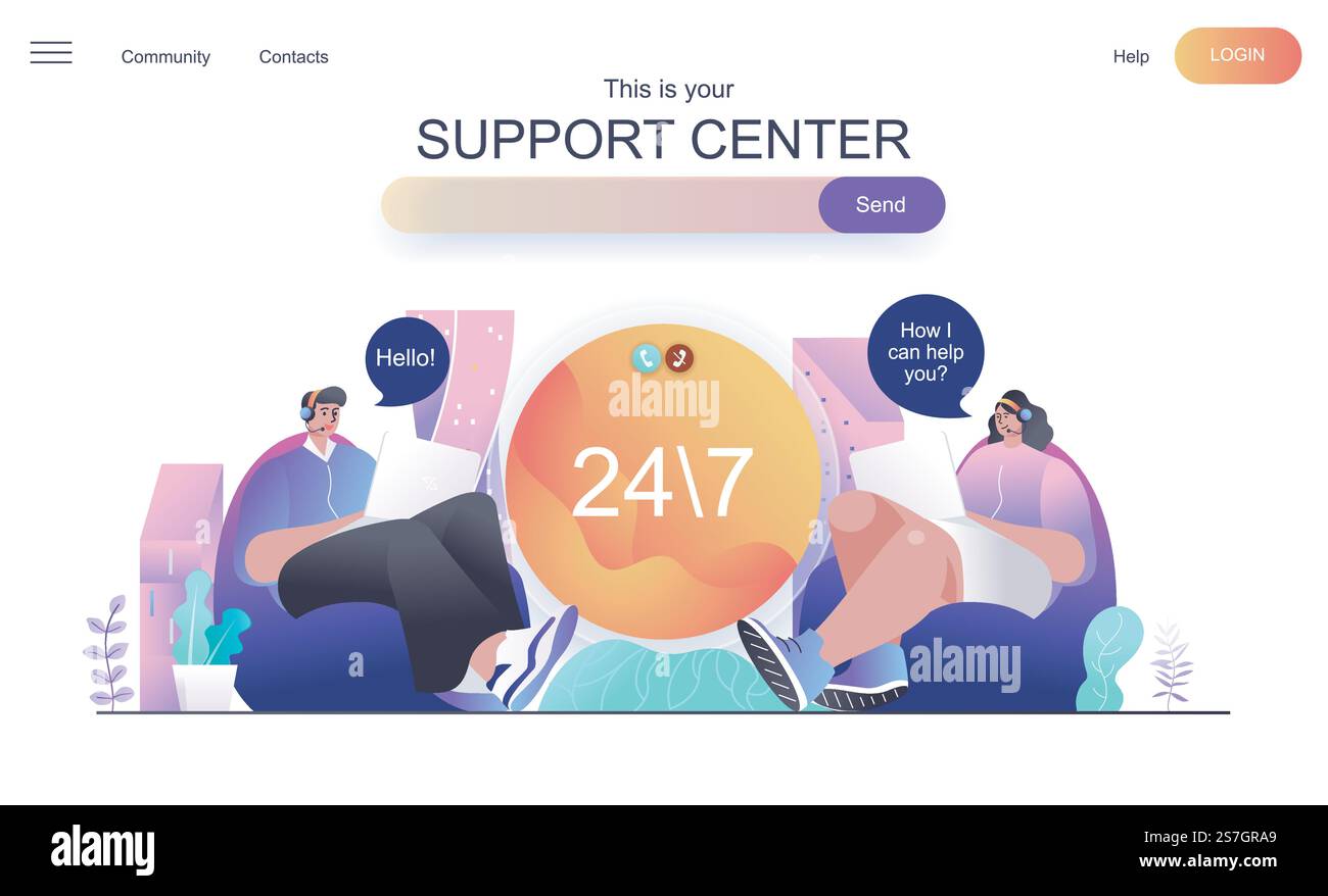 Support center web concept for landing page. Operators advise and help customers around clock ...
