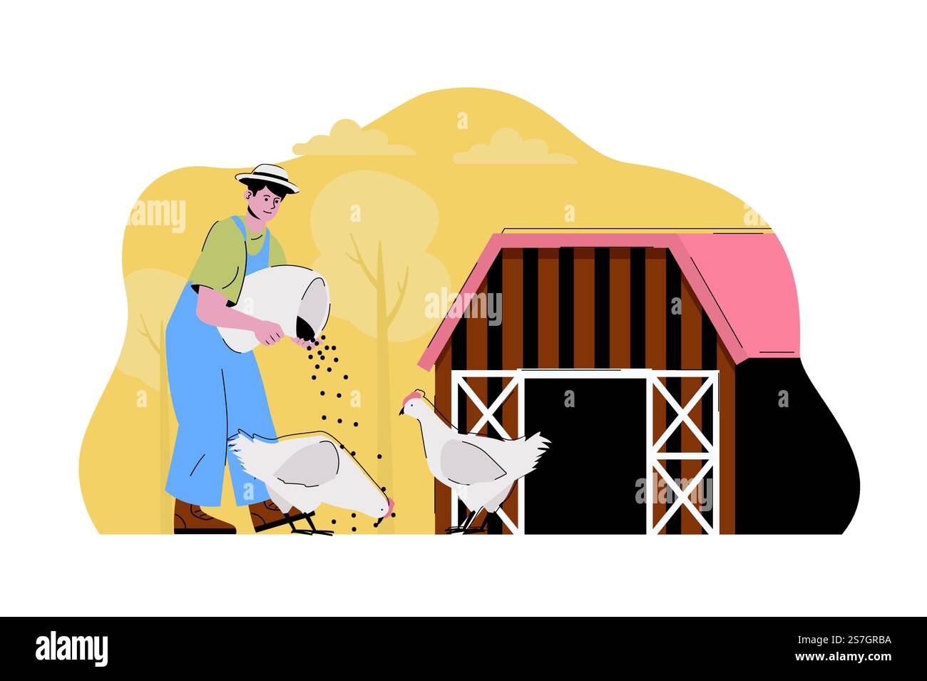 Poultry farming concept. Farmer feeding chickens, works on his farm ...