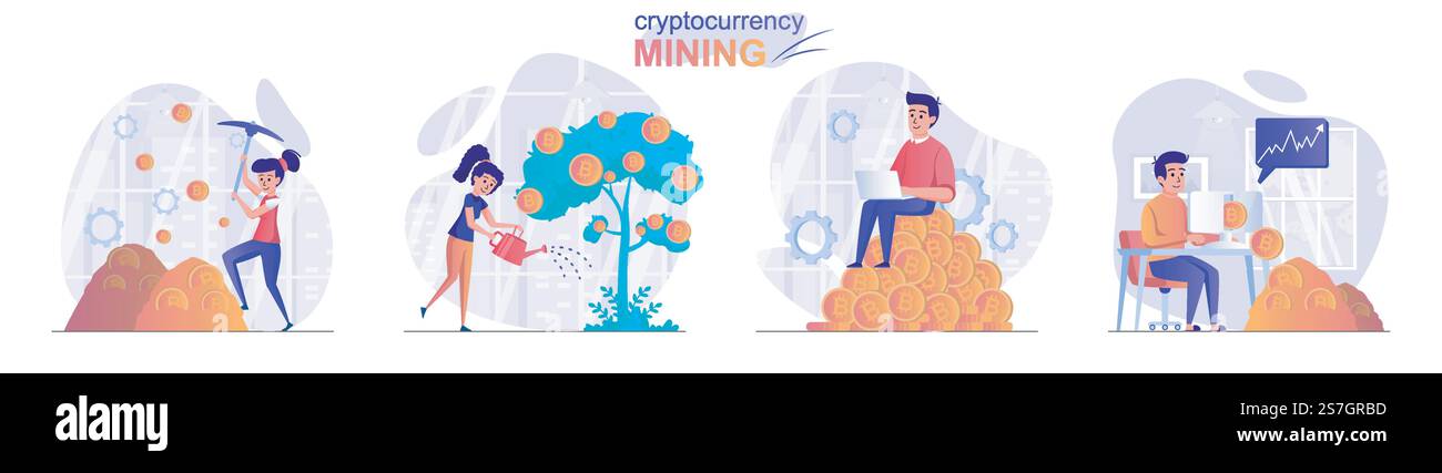 Cryptocurrency mining concept scenes set woman and man mine coins hi ...